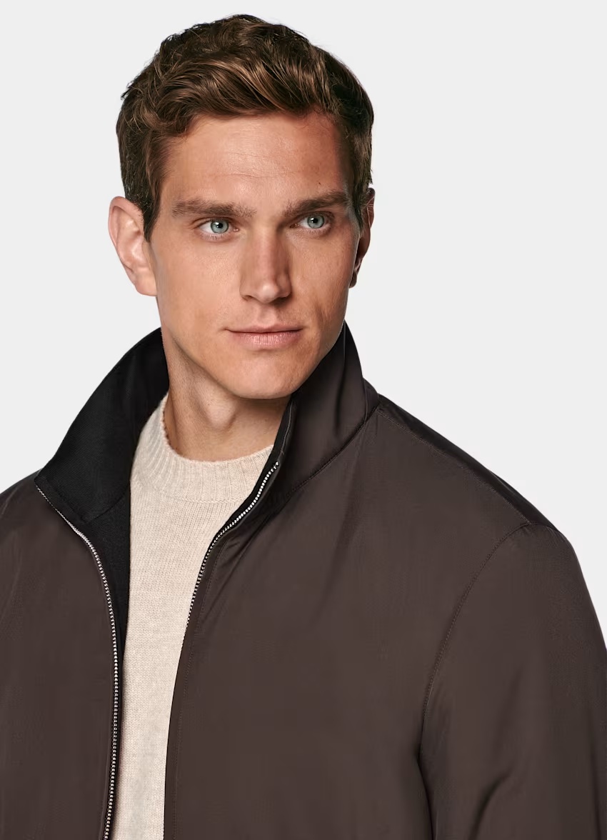 Dark Brown Reversible Bomber Jacket Water-Repellent Technical Fabric ...