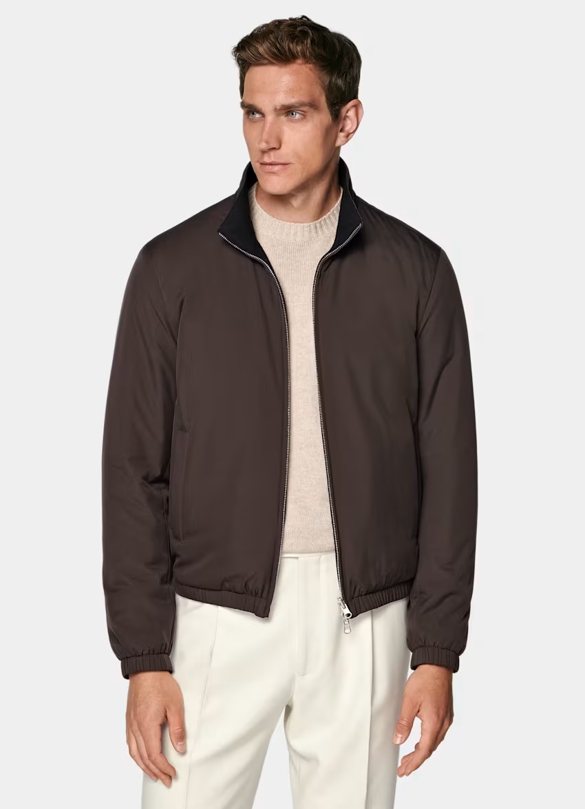 Dark Brown Reversible Bomber Jacket Water-Repellent Technical Fabric ...